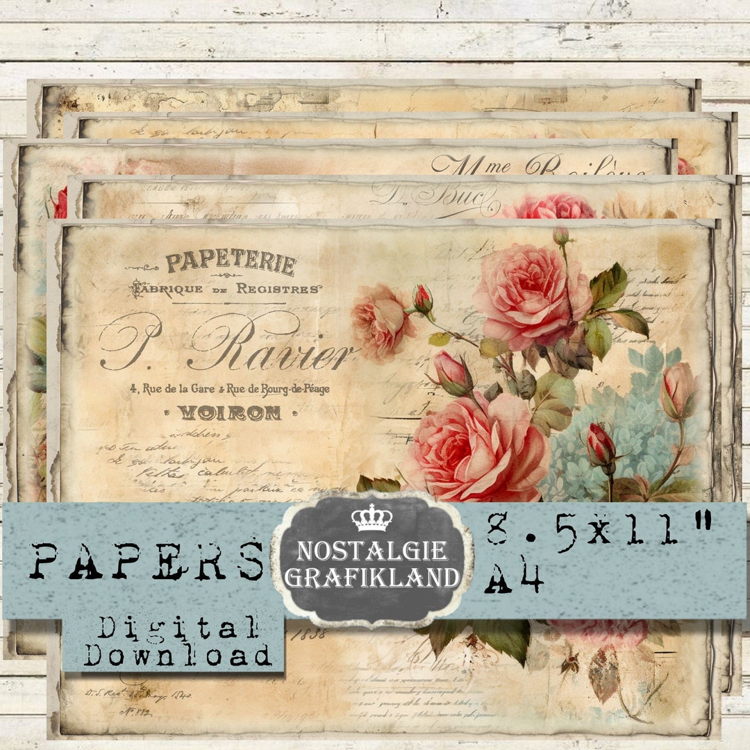 FRENCH ROSES Printable Landscape Papers Pack Pack Horizontal Scrapbook ...