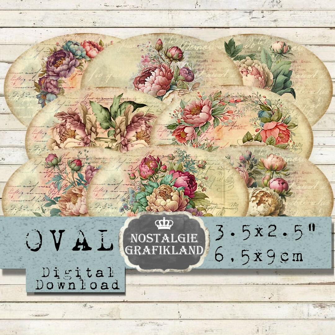 Peonies Labels French Ephemera Ovals Flowers Labels Floral Instant ...