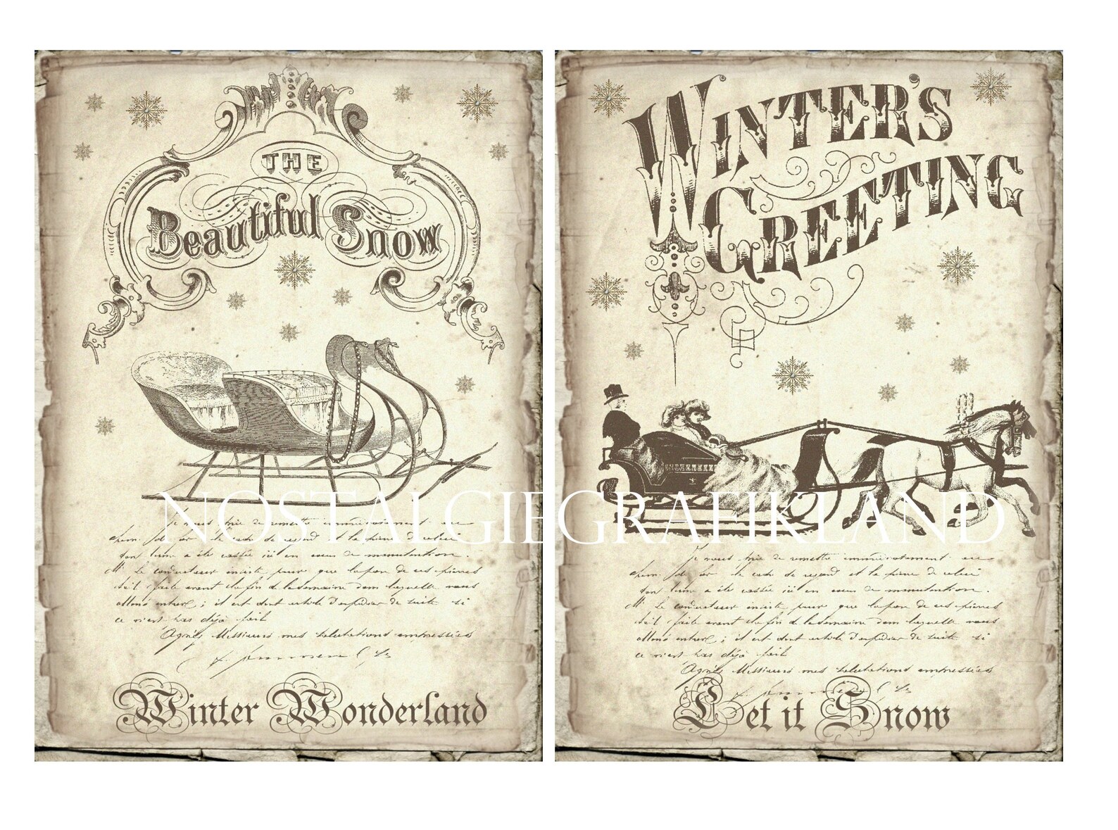 Winter Cards Snow Flakes Printable Deer Sledge Tree 5x7 Christmas Ink ...