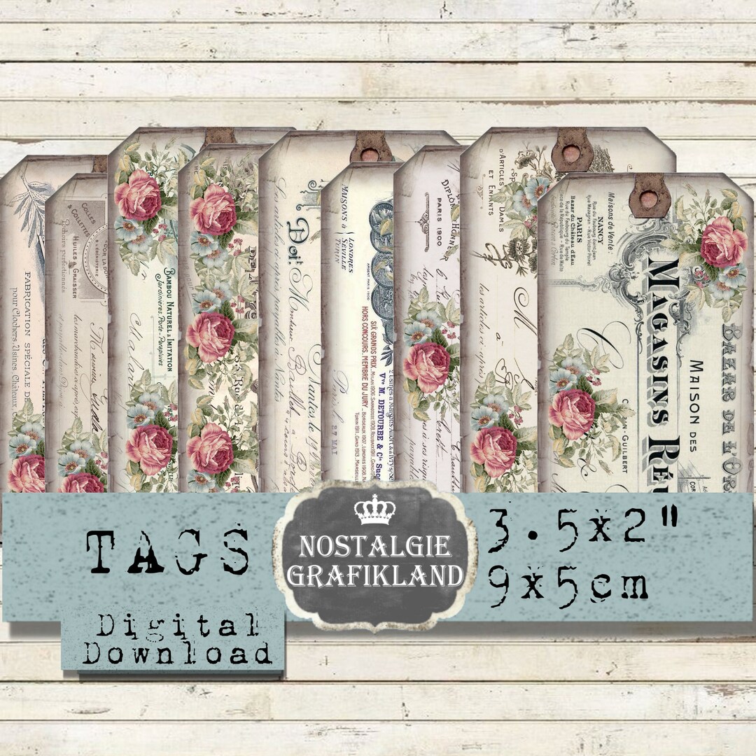 French Ephemera Shabby Chic Tags Printable Documents Junk Journaling Add on Embellishments Roses ...