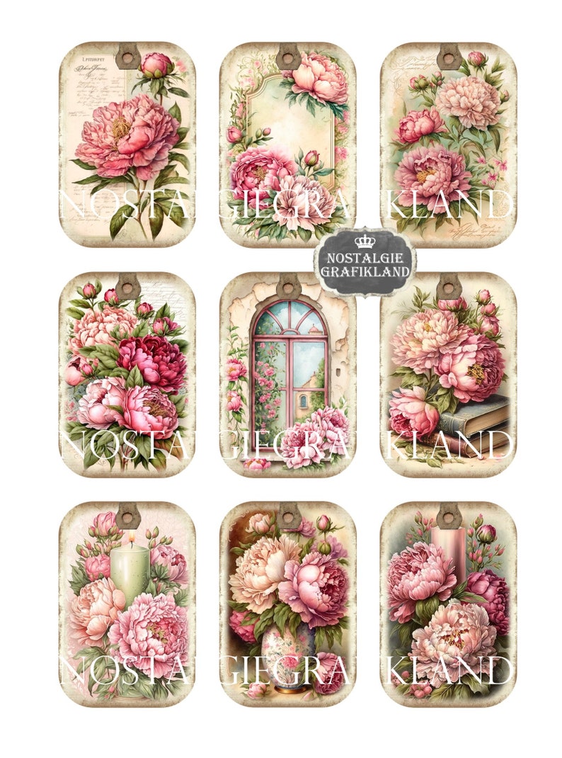 Peonies Tags Printable Shabby Chic Prints Flowers Floral Botanical ...