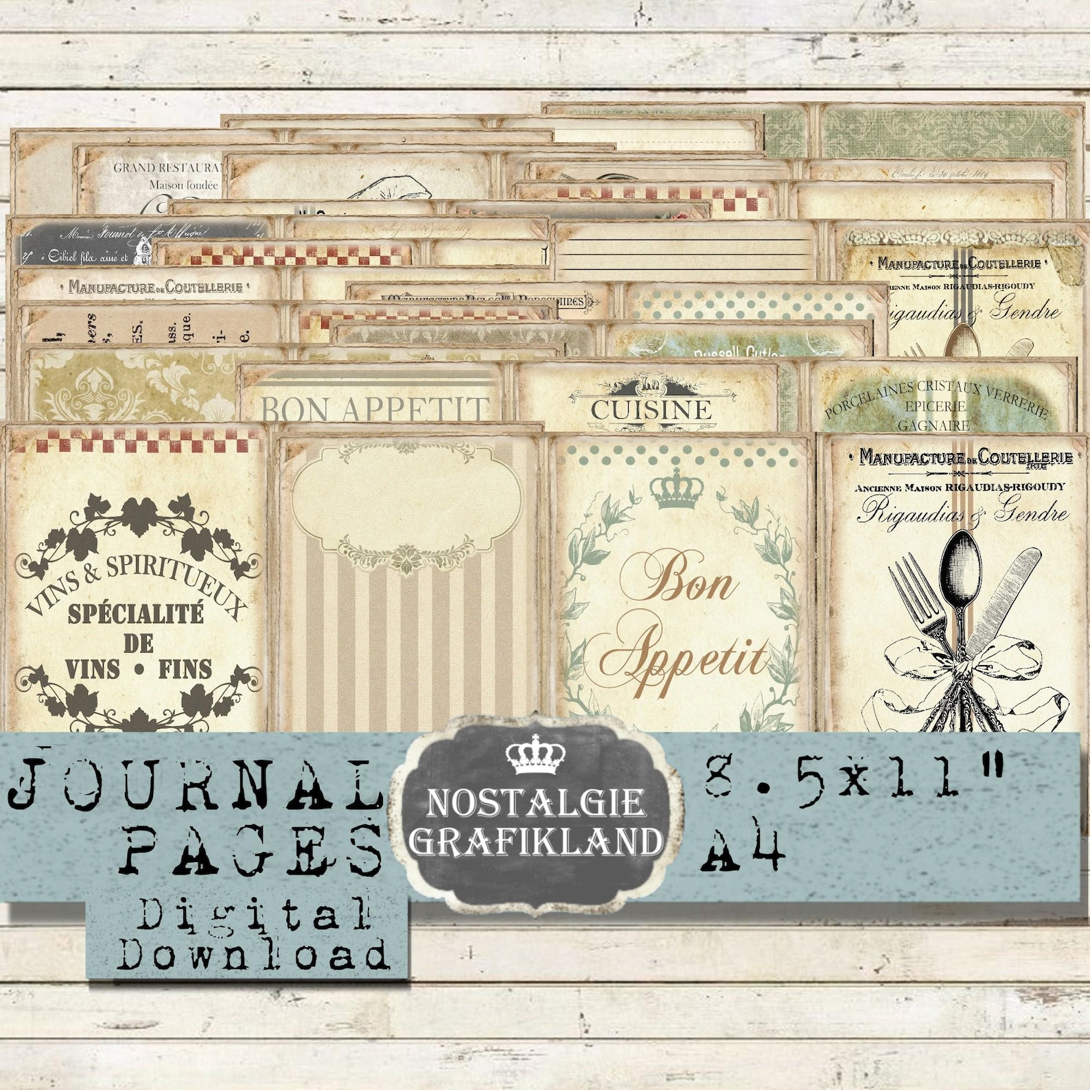 FRENCH BON APPETIT Journal Pages Printable Cooking Menu Dinner Cutlery ...