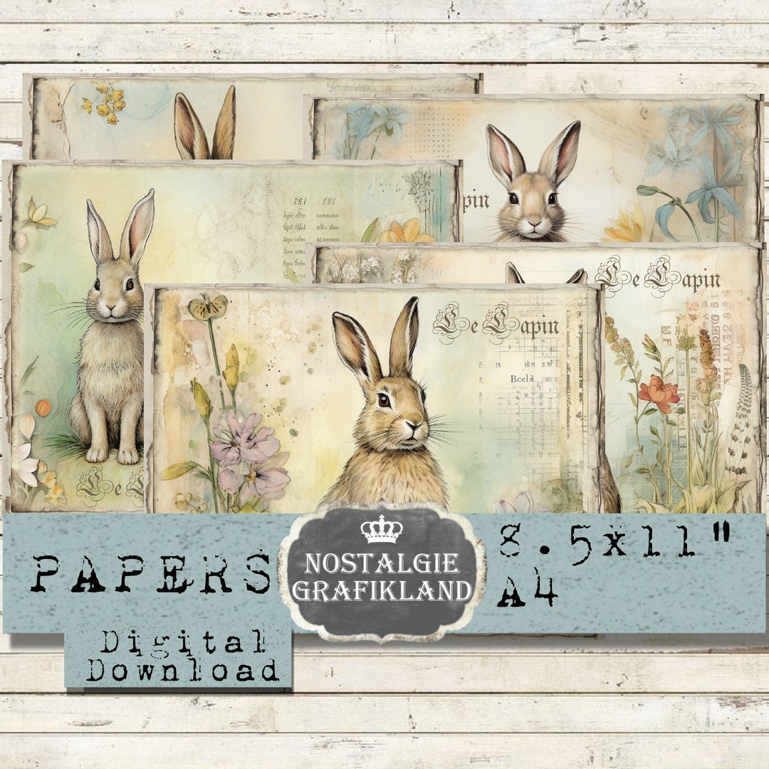 EASTER RABBITS Printable Papers Bunnies Landscape Journaling Horizontal ...