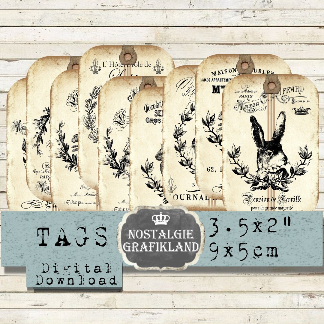 Rabbits Printable Tags French Bunnies Hare Easter Journaling Prints ...