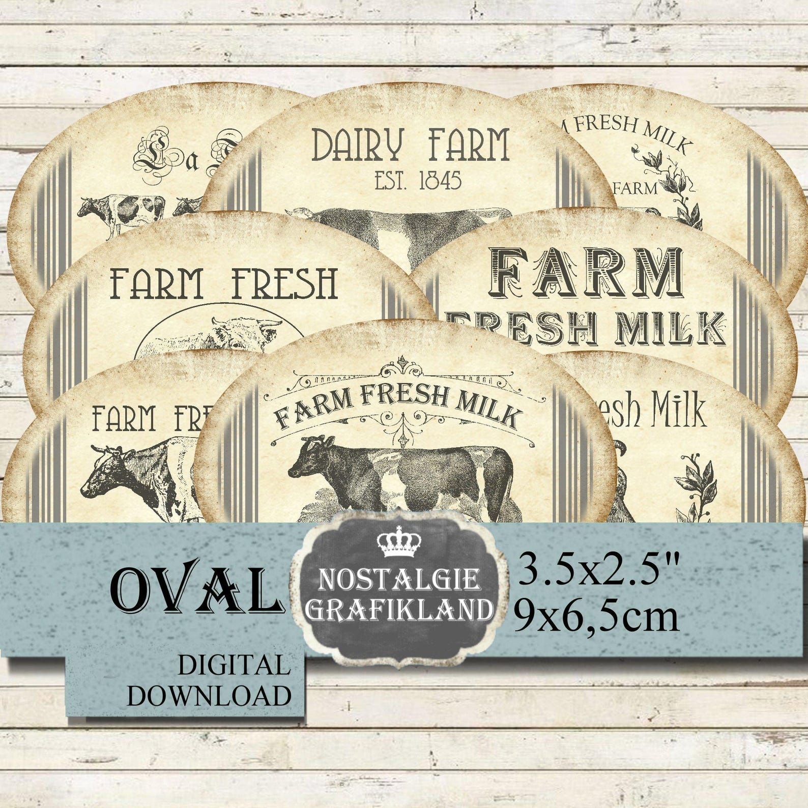 Farm Fresh Milk Cow Farming Labels Printable Ovals Journaling Download ...