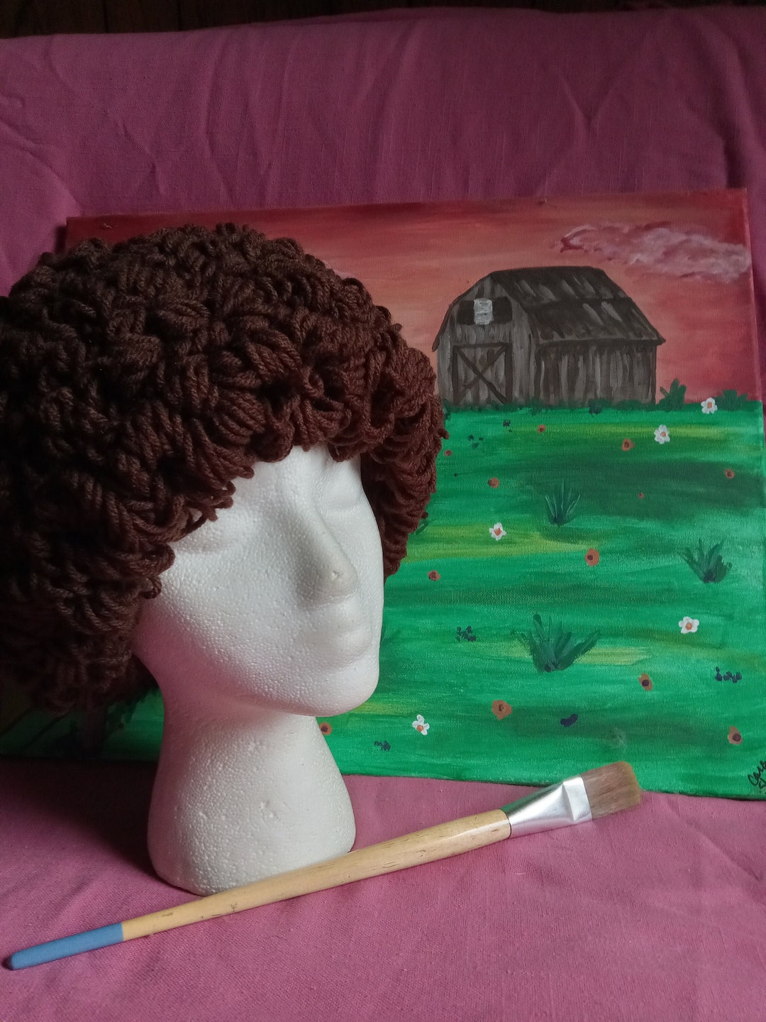 Bob Ross Wig, 80s Famous Artist Hat, Brown Afro, Curly Hair Yarn Wig ...