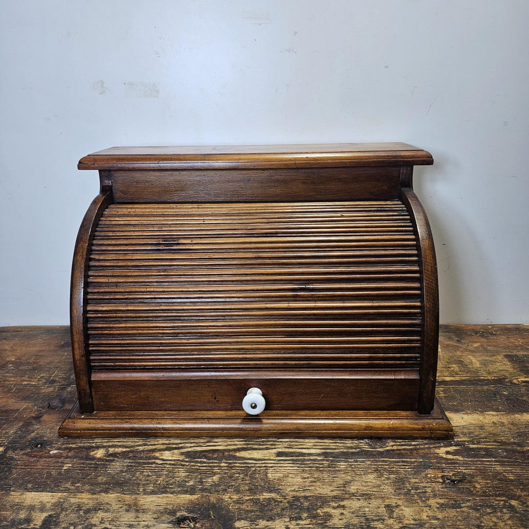 Vintage Amish Style Roll Top Bread Box Wood Rustic Primitive Country ...