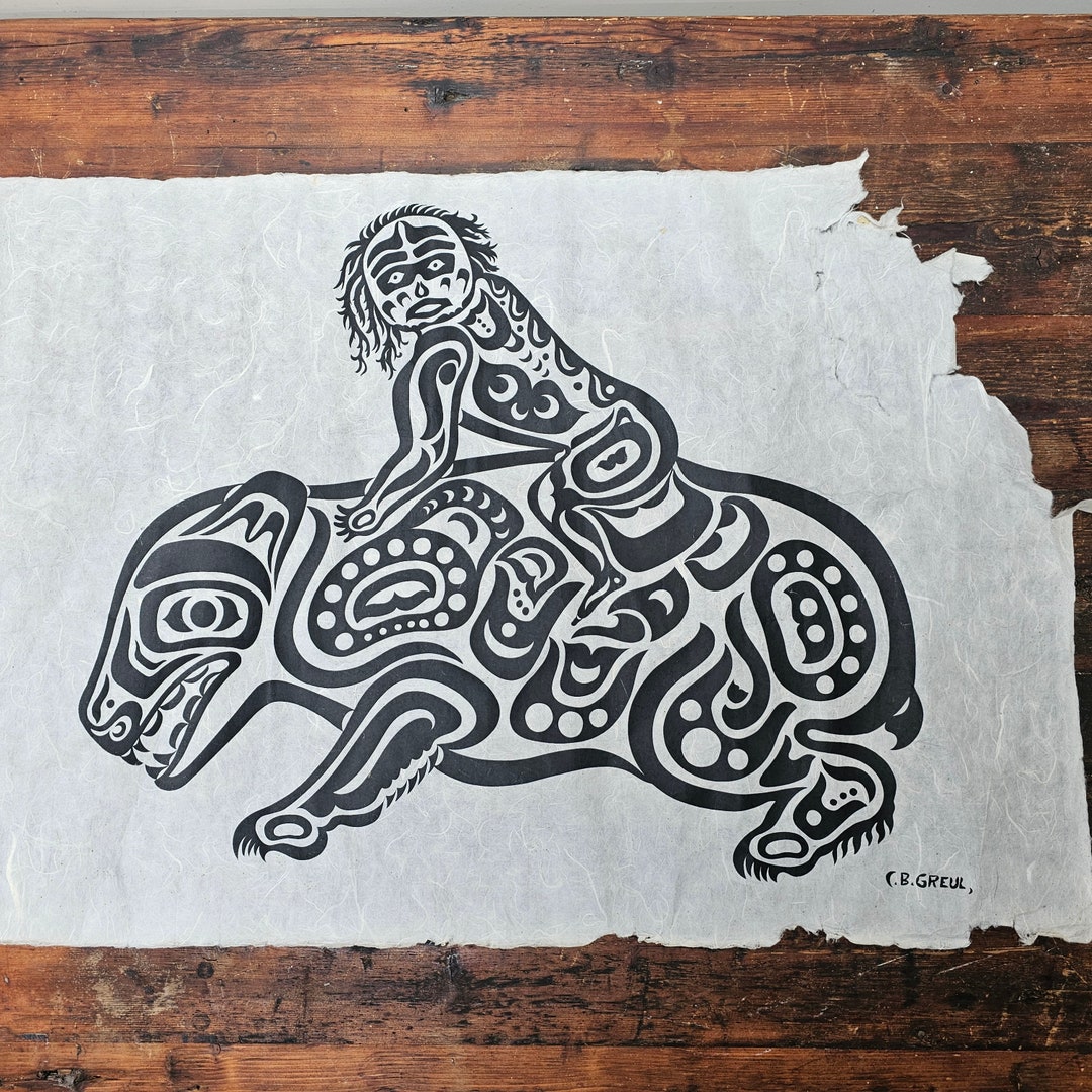 Charles B. Greul Serigraph on Rice Paper " Shaman With Grizzly " 36" X ...