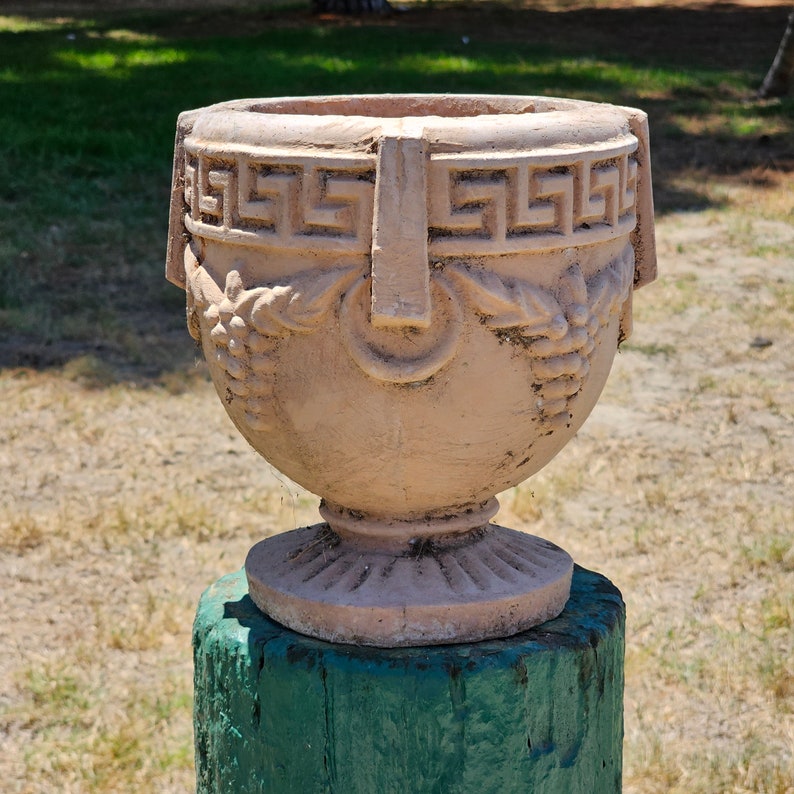 Rustic Concrete Flower Planter Pot Greek Key & Grape Motif 9dia X 9.5h ...