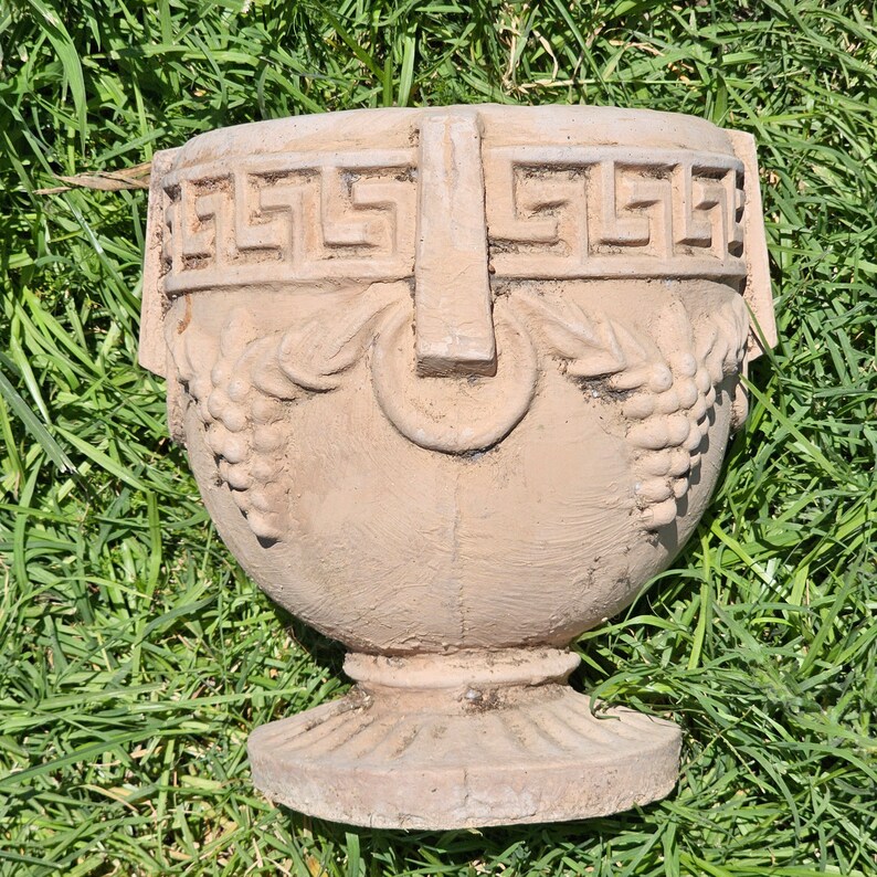 Rustic Concrete Flower Planter Pot Greek Key & Grape Motif 9dia X 9.5h ...
