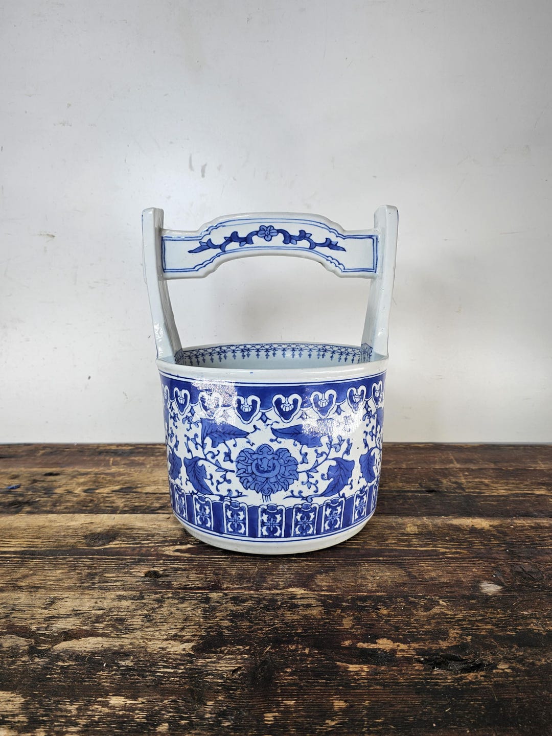 Blue and White Chinoiserie Porcelain Water Bucket Planter 9"l X 8.5"w X ...