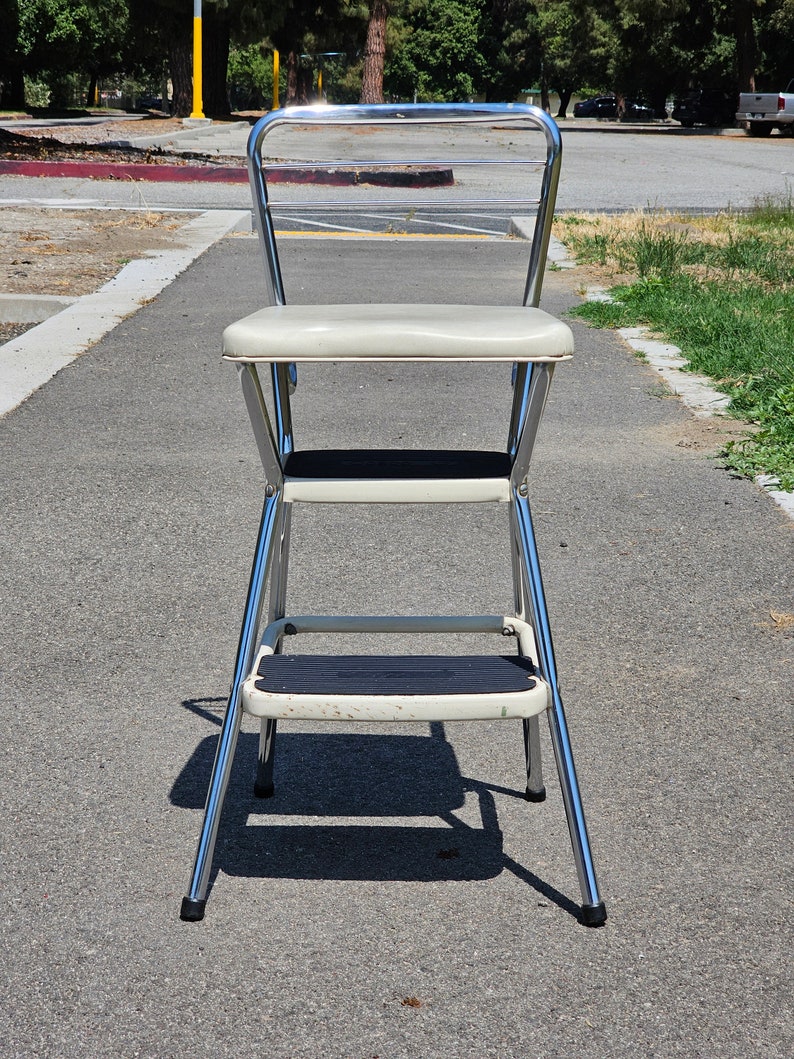 Vintage COSCO Kitchen Step Chair Stool With Flip up Seat White & Chrome ...