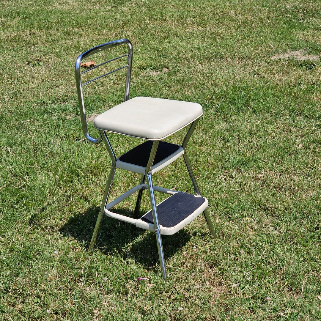Vintage COSCO Kitchen Step Chair Stool With Flip up Seat White & Chrome ...