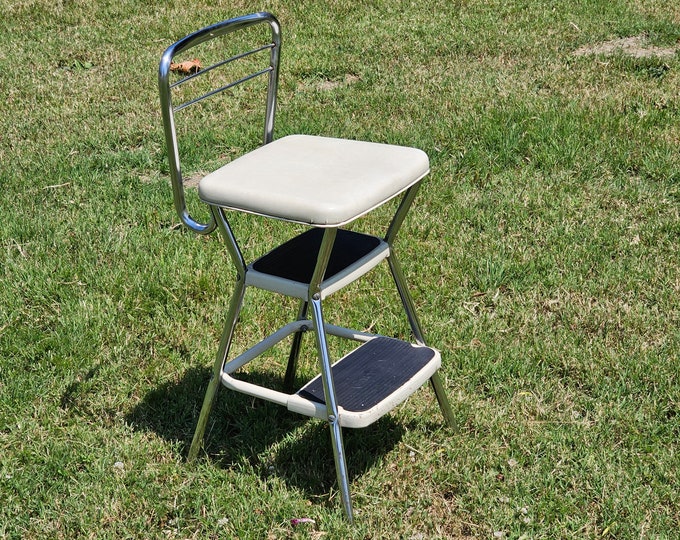 Vintage COSCO Kitchen Step Chair Stool With Flip up Seat White & Chrome ...