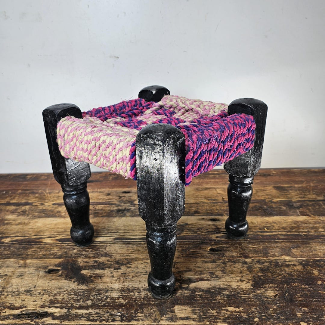 Traditional Khatli Handwoven Wooden Stool - Indian Folk Art 10"l × 10"w ...