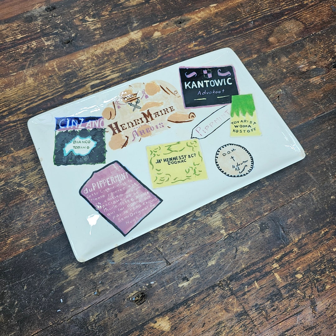 Hand-painted Bottle Labels Platter Cheese Plate Signed 13" L X 8.5" W X ...