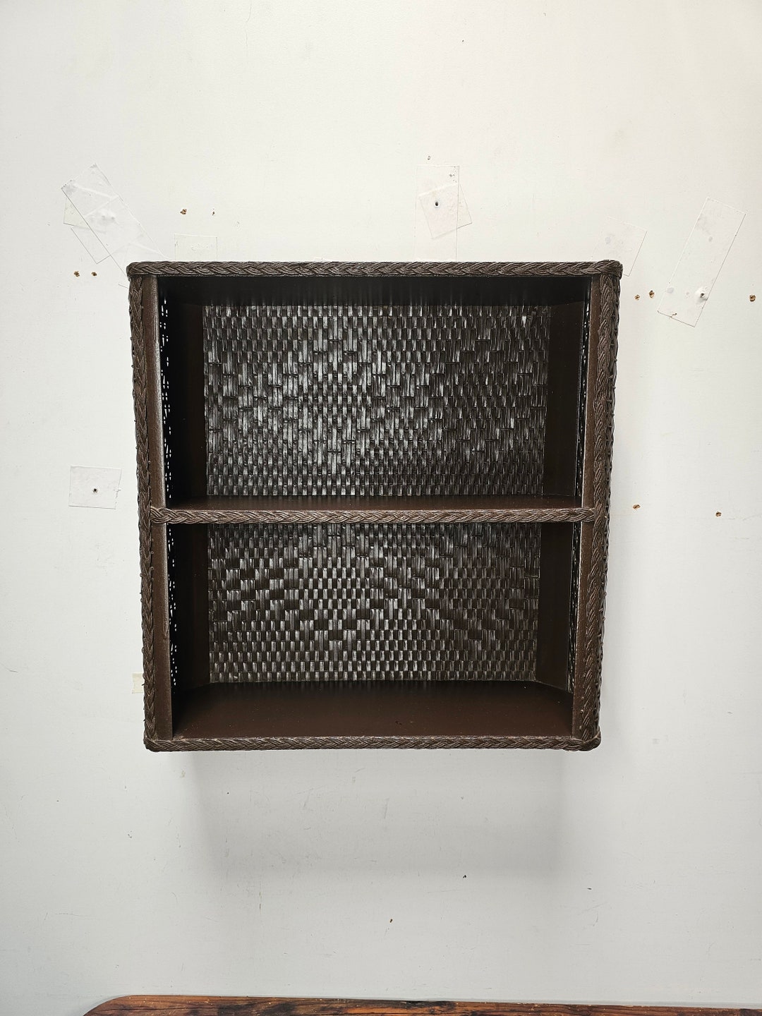 Vintage Woven Rattan Wicker Brown 2 Tier Hanging Wall Shelf 18" X 18" X ...