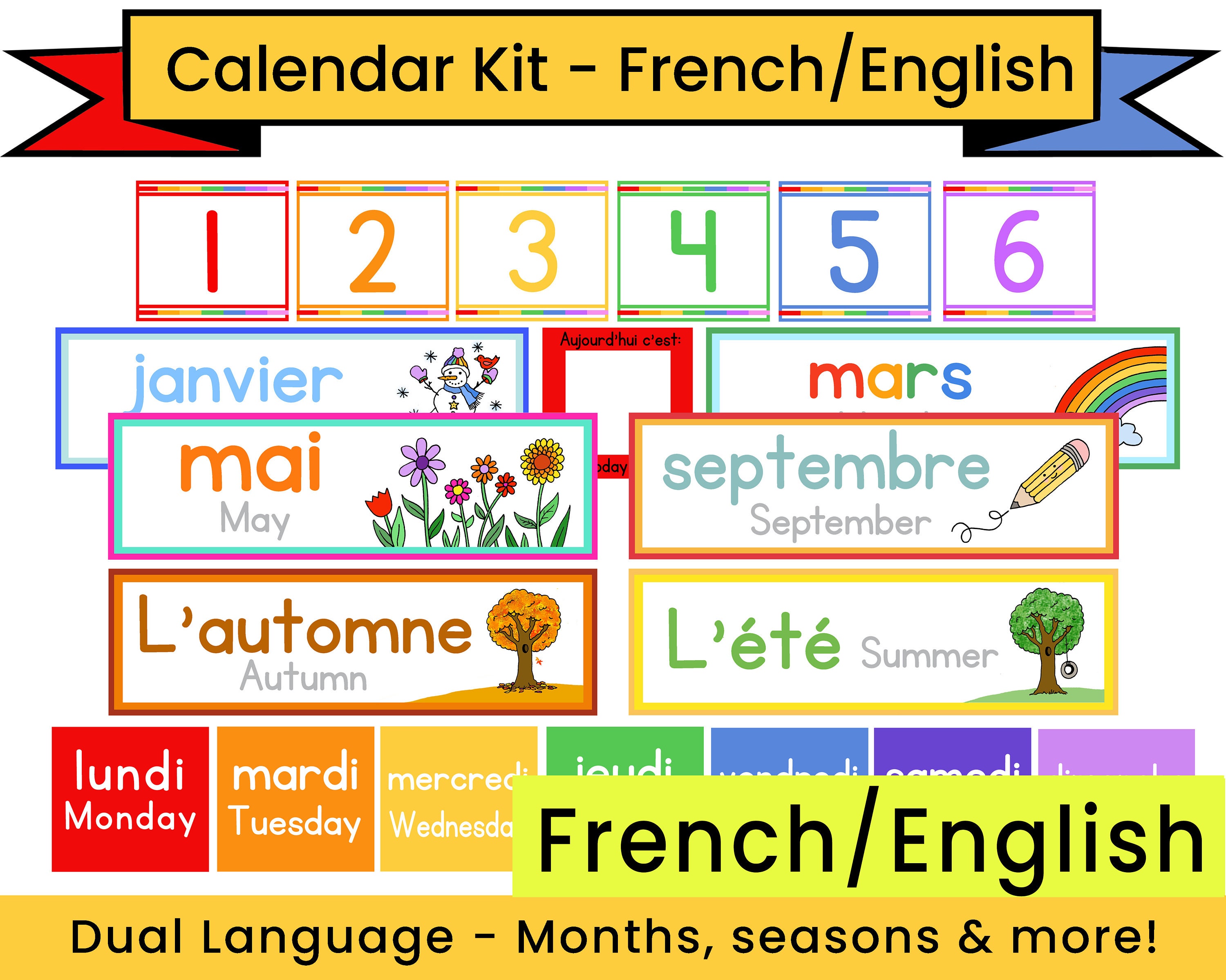 Dual Language French Calendar Kit for Kids, French and English, Pocket ...