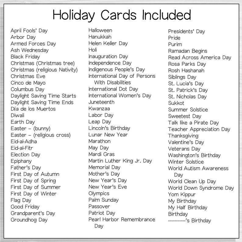 Holiday Calendar Cards | American Holidays and Observances | Editable ...