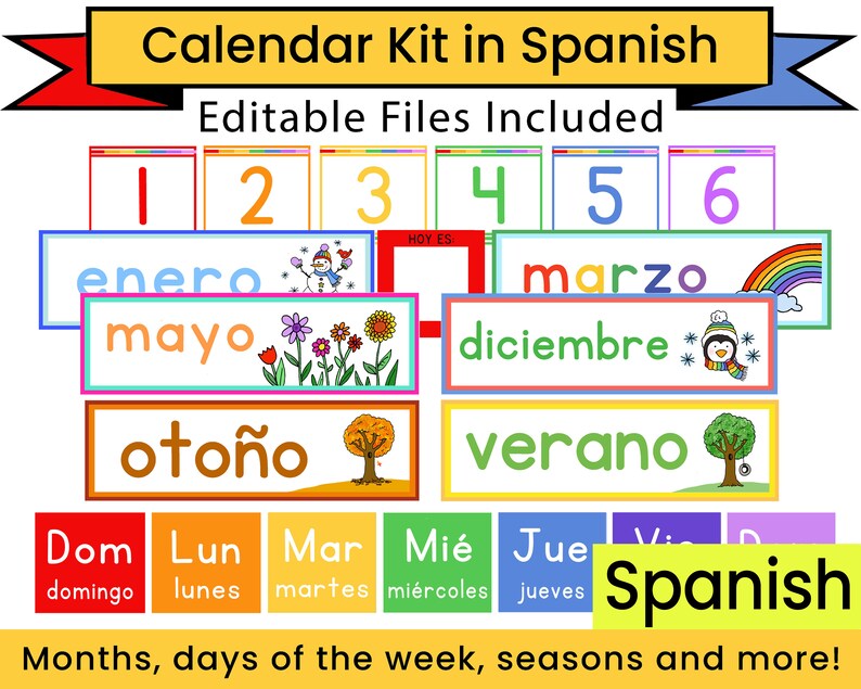 Spanish Calendar Kit for Kids Editable Pocket Chart Calendar - Etsy