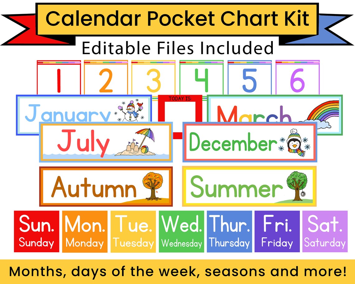 Pocket Calendar Kit for Kids Editable Pocket Chart Cards - Etsy
