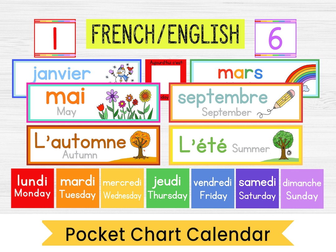 Dual Language French Calendar Kit for Kids, French and English, Pocket ...