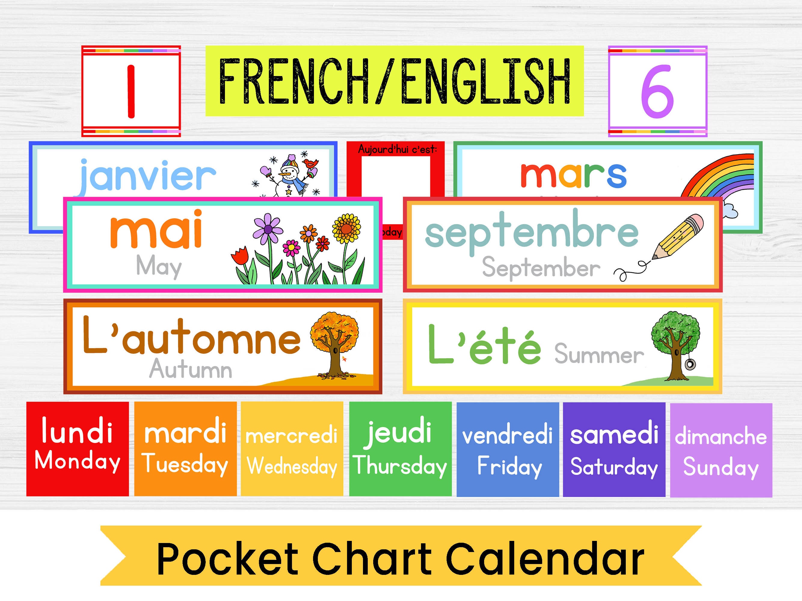 Dual Language French Calendar Kit for Kids, French and English, Pocket ...