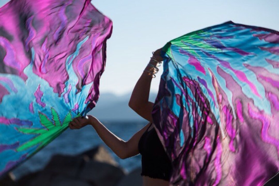 Weighted Spin Flags Pair of UV Glow Hand Painted Silk Flags Playa ...