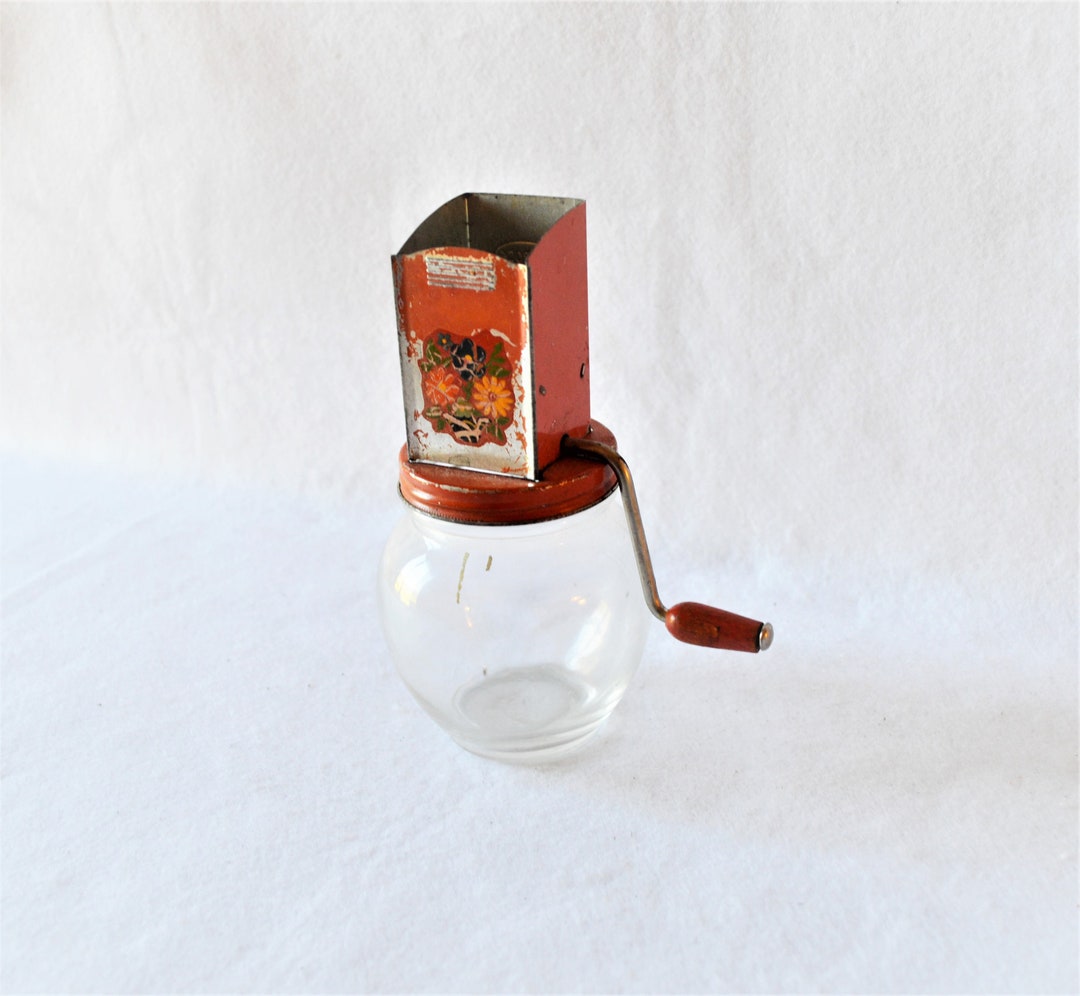 Antique Hand Grinder Nut Coffee Grain Small Glass Jar Metal Red Floral ...