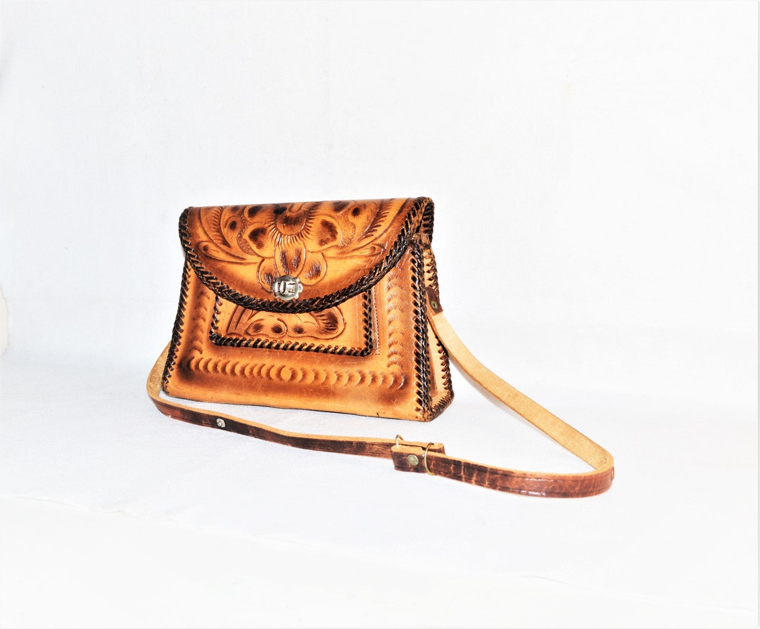 Boho Retro 70's Bag Rockabilly Western Tan Embossed Handbag Hand Tooled ...