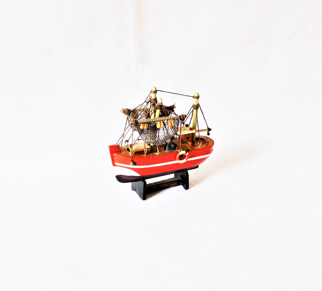 Red Model Ship Fishing Boat Sailboat Tugboat Figurine Wood - Etsy