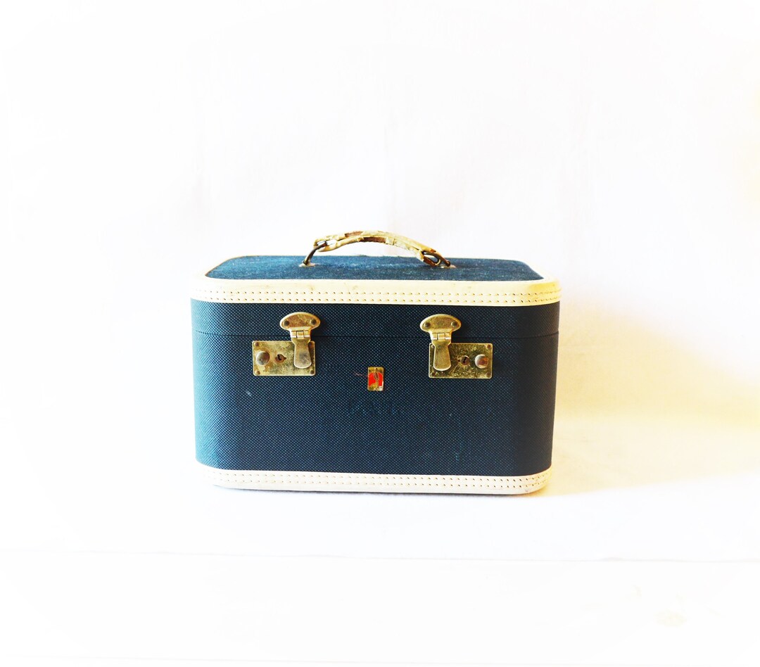 Vintage Blue Train Case: Navy, White & Red Toiletry Bag - Mid-century ...
