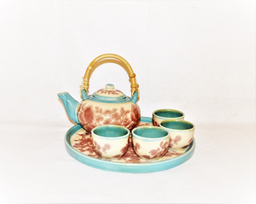Floral Teapot Set Turquoise Blue Pink Japanese Crazed Crackled Cherry ...