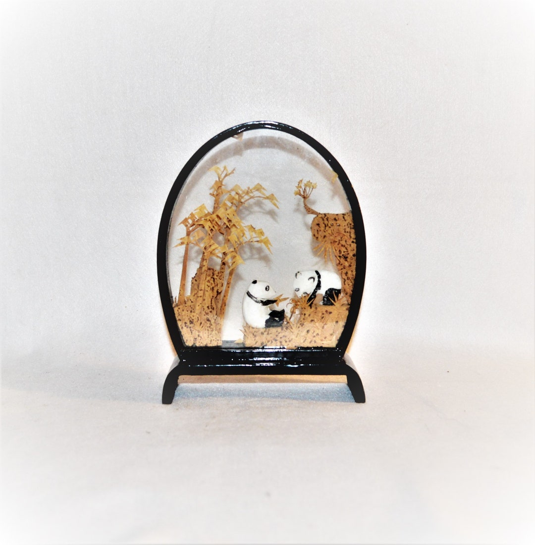 Panda Diorama Asian Black Lacquer Cork Sculpture Bonsai Bear Artwork ...