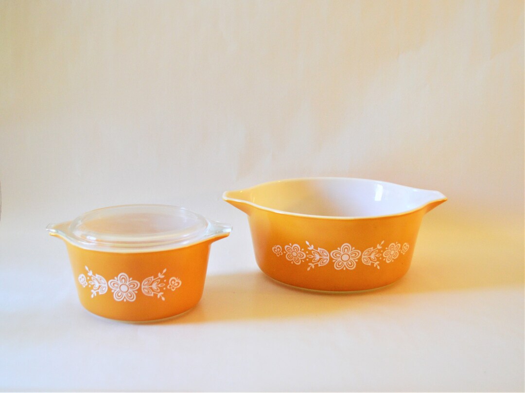 Pyrex Casserole Dish Covered Set Vintage Yellow Orange Flowers Floral ...