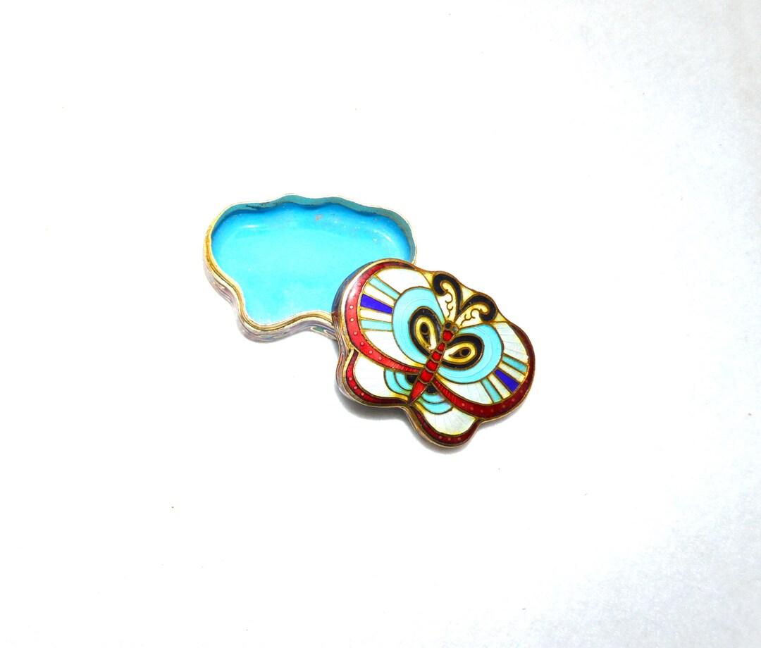 Vintage Cloisonné Butterfly Pill Box: Blue & Gold Enamel Trinket - Etsy