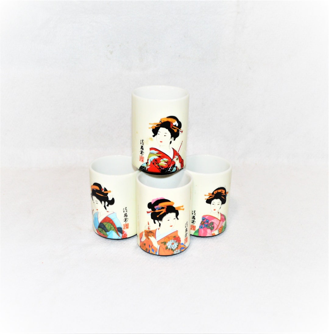 Japanese Porcelain Teacups Geisha Girl Cups Without Handles Colorful ...