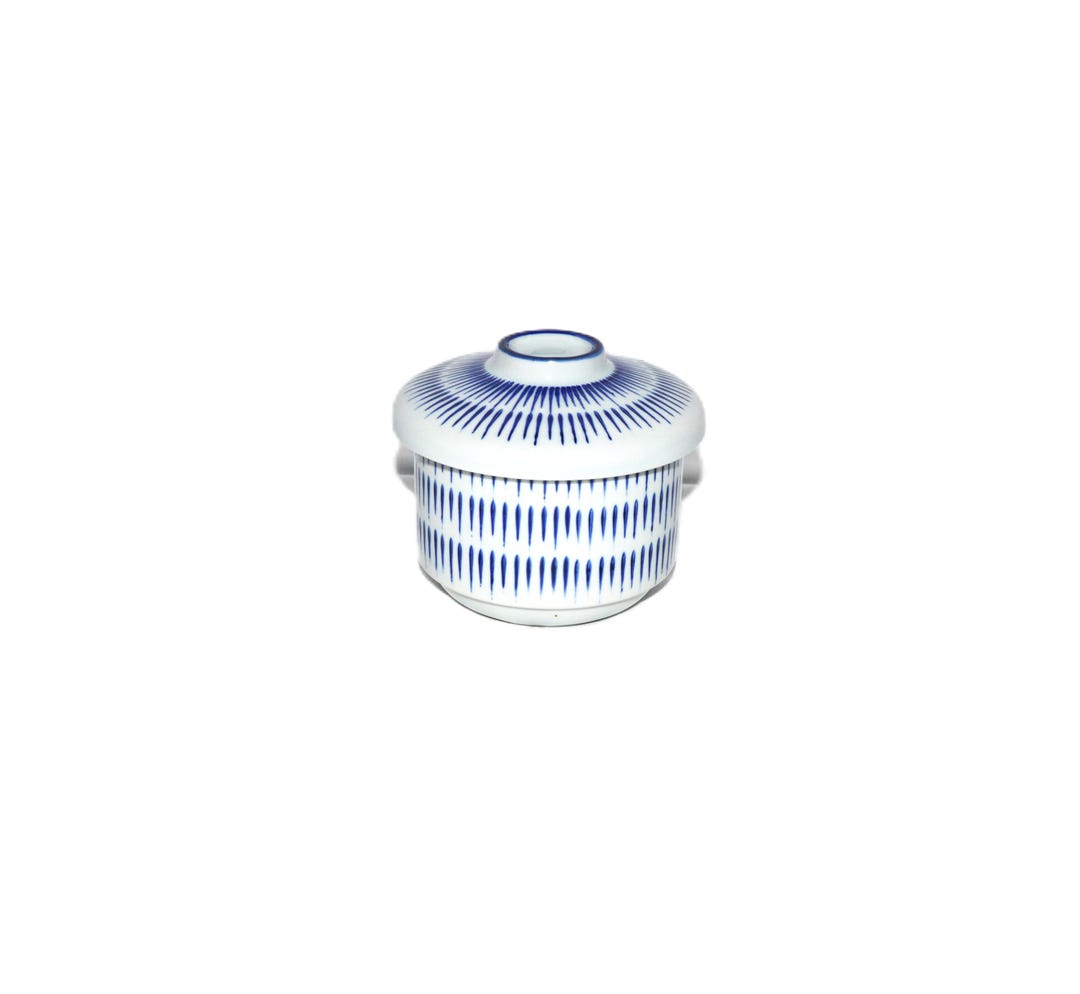 Japanese Covered Dish Striped Ceramic Container Blue and White Vintage ...
