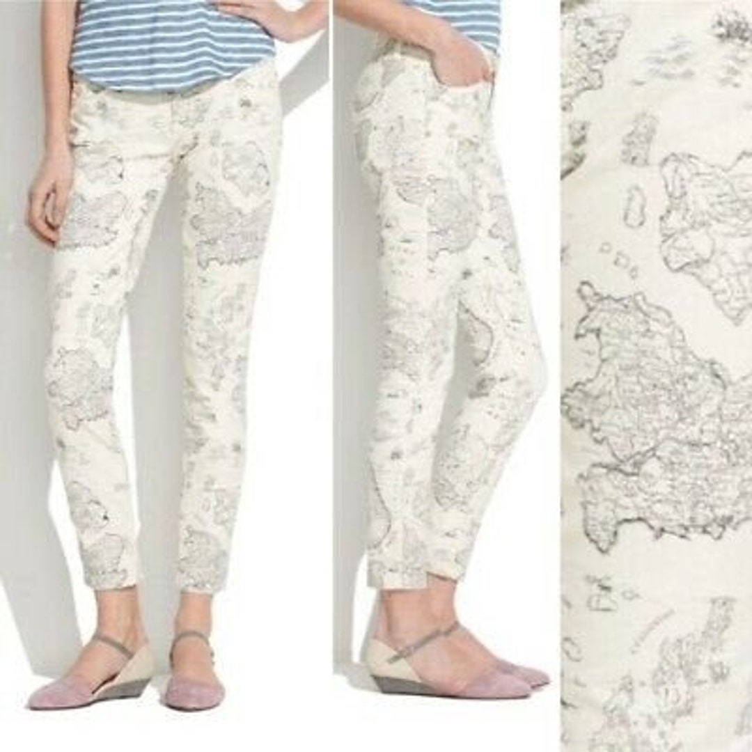 World Map Jeans White Brown Skinny Ankle Slim Size 32 Inches Woman's 10 ...
