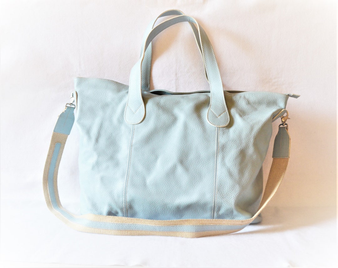 Light Blue Tote Crossbody Large Leather Overnight Bag Shoulder - Etsy