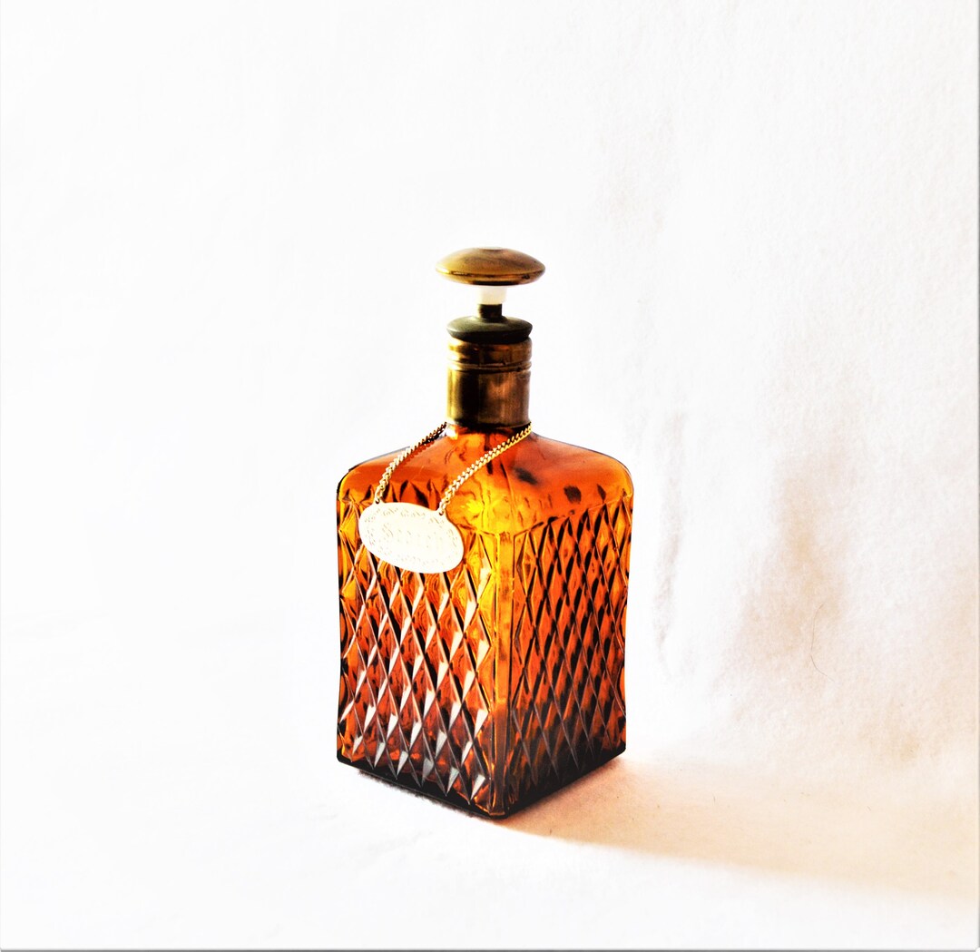 Vintage Liquor Decanter Glass Bottle Amber Gold Plated Shield Scotch ...