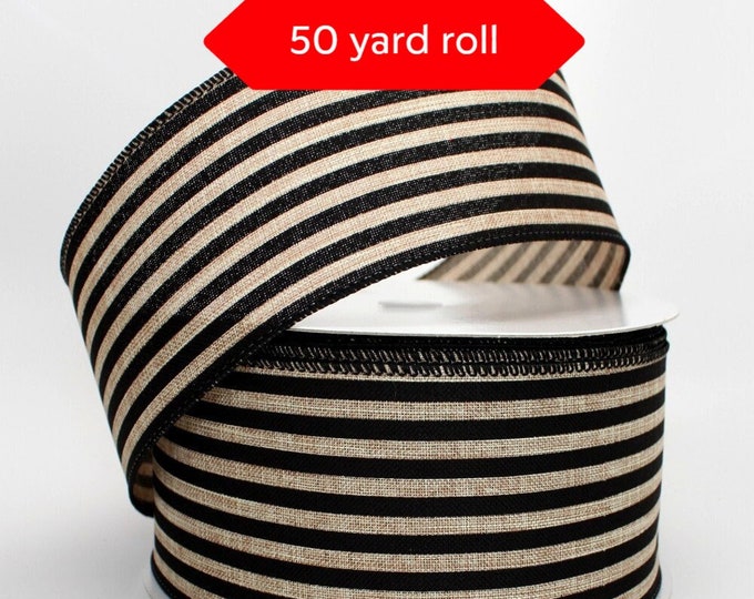 50 Yards Natural Linen Black Stripe Wire Edge Ribbon - Burlap Ribbon ...