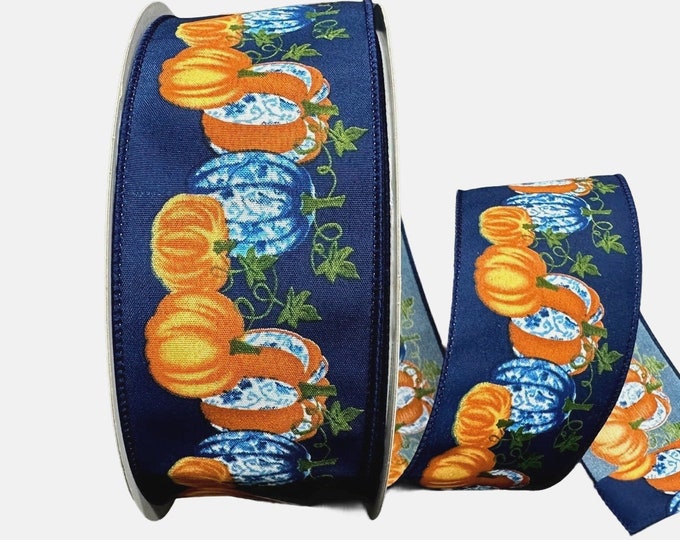 Blue Fall Toile Pumpkins Wired Ribbon - Fall Wired Ribbon, Wired Ribbon ...