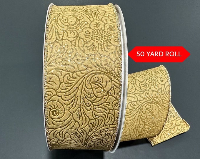 50 Yards Gold Embossed Sparkle Christmas Wired Ribbon - Christmas ...