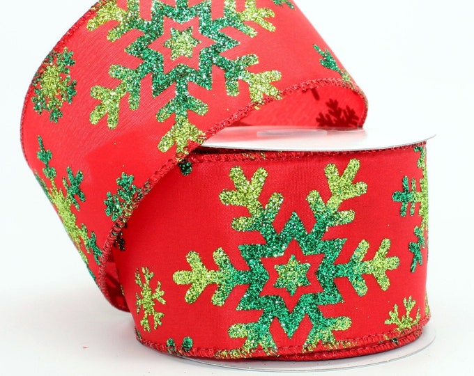 10 Yards Red Green Sparkle Snowflake Christmas Wired Ribbon Snowflake ...