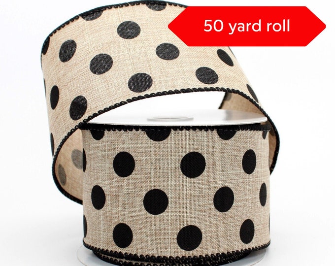 50 Yards Natural Linen Black Polka Dot Wire Edge Ribbon - Burlap Ribbon ...