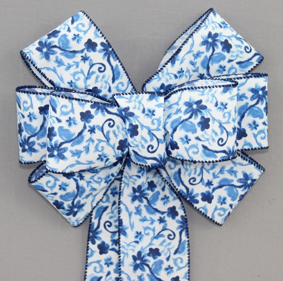 Blue Watercolor Floral Spring Wreath Bow - Spring Wreath Bow - Etsy