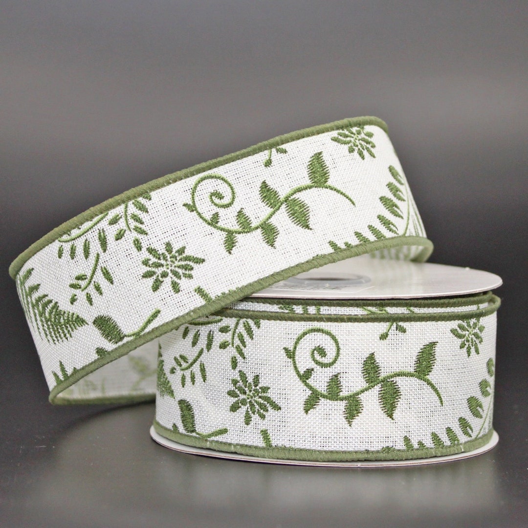 10 Yards Green Fern Leaf Greenery Wired Ribbon - 2 Color Options ...