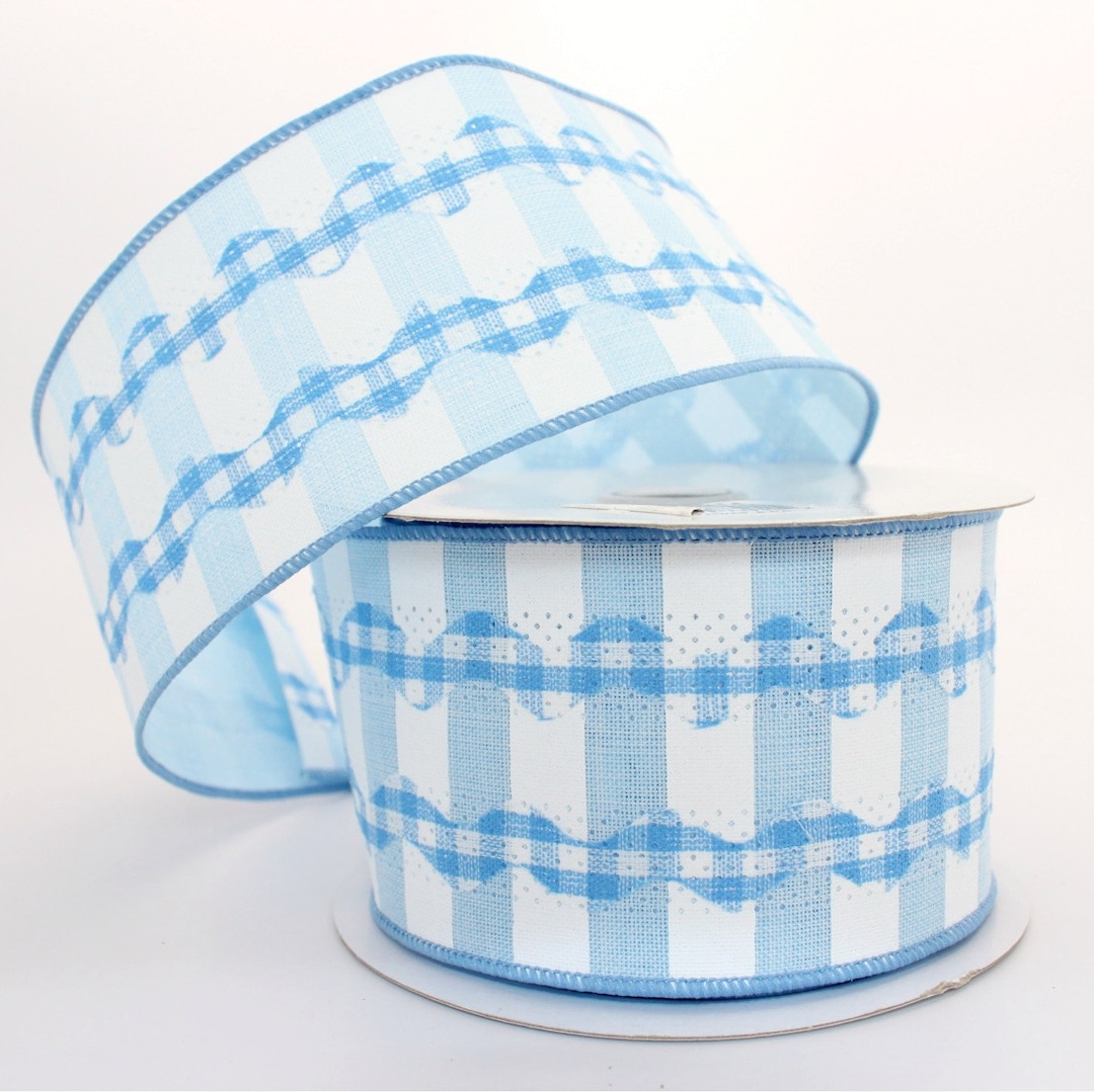 10 Yards Light Blue Gingham Ric Rac Stripe Wired Ribbon - Easter Ribbon ...