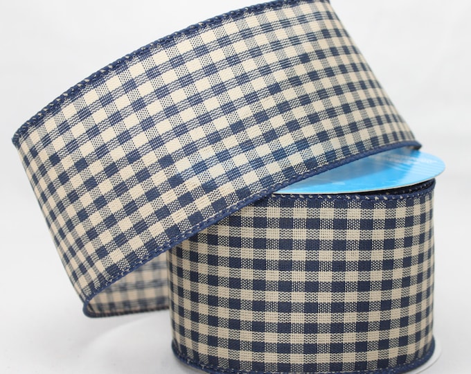 10 Yards Navy Blue Natural Gingham Wired Ribbon - 2.5" Wide Ribbon ...